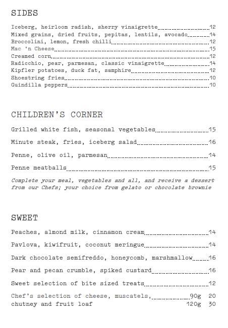 Menu at Botanical Hotel restaurant, South Yarra