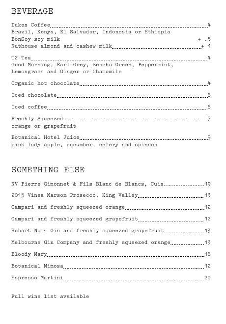 Menu at Botanical Hotel restaurant, South Yarra