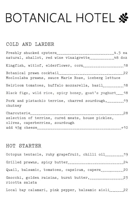 Menu at Botanical Hotel restaurant, South Yarra
