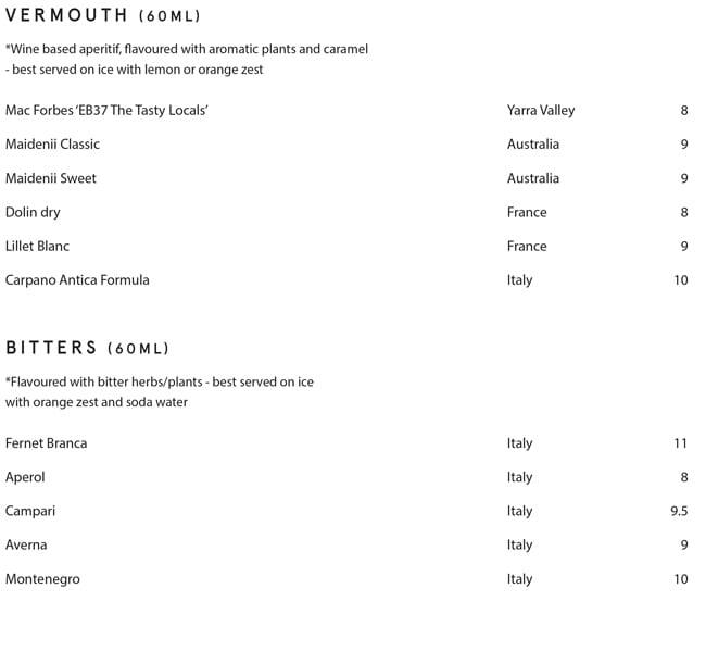 Menu at Botanical Hotel restaurant, South Yarra