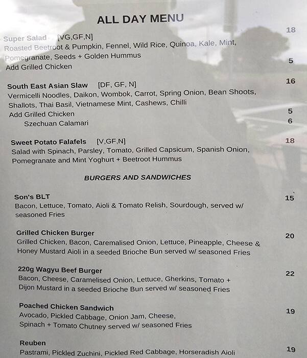 Menu at The Colonel's Son cafe, Black Rock, 299 Beach Road