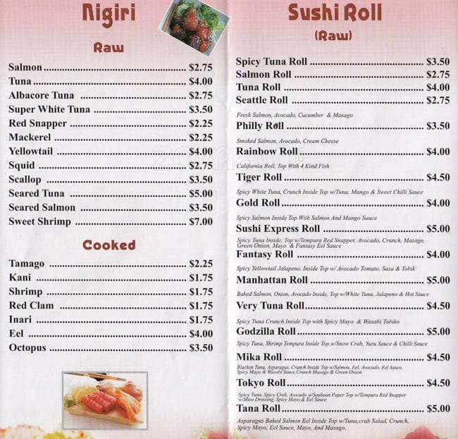 Menu at Sushi Express restaurant, Tacoma, S Steele St