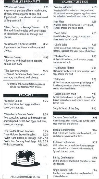 Menu at Westwood Inn restaurant, Lakewood