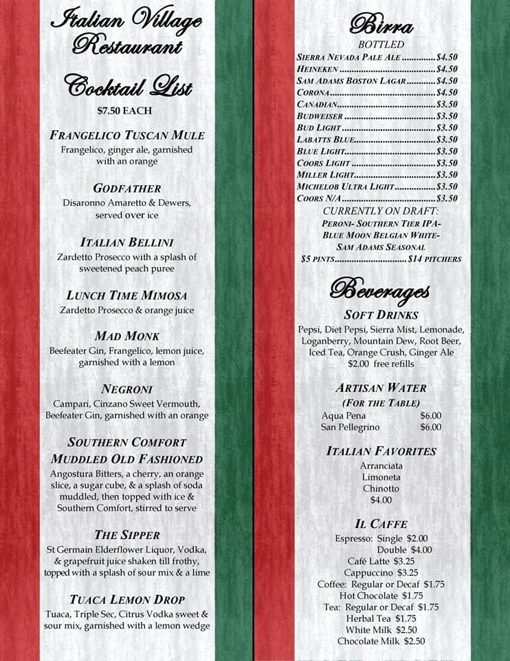 Menu at The Italian Village restaurant, Depew