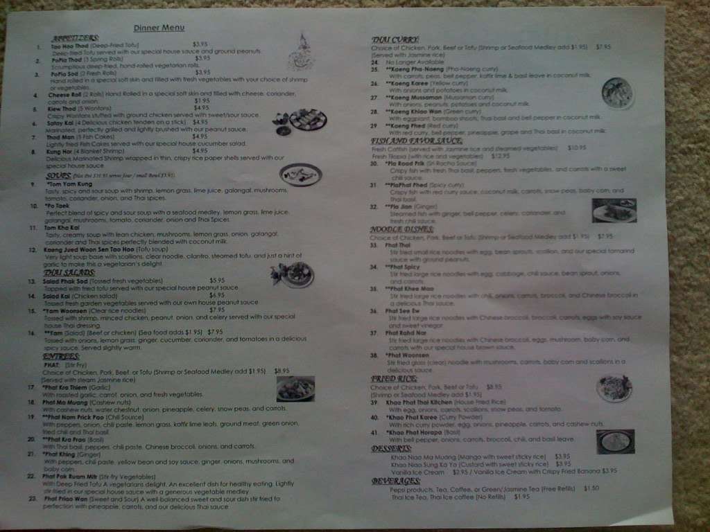 Menu at Thai Kitchen restaurant, Oklahoma City
