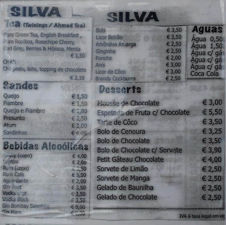 Menu at Silva Bar, Porto