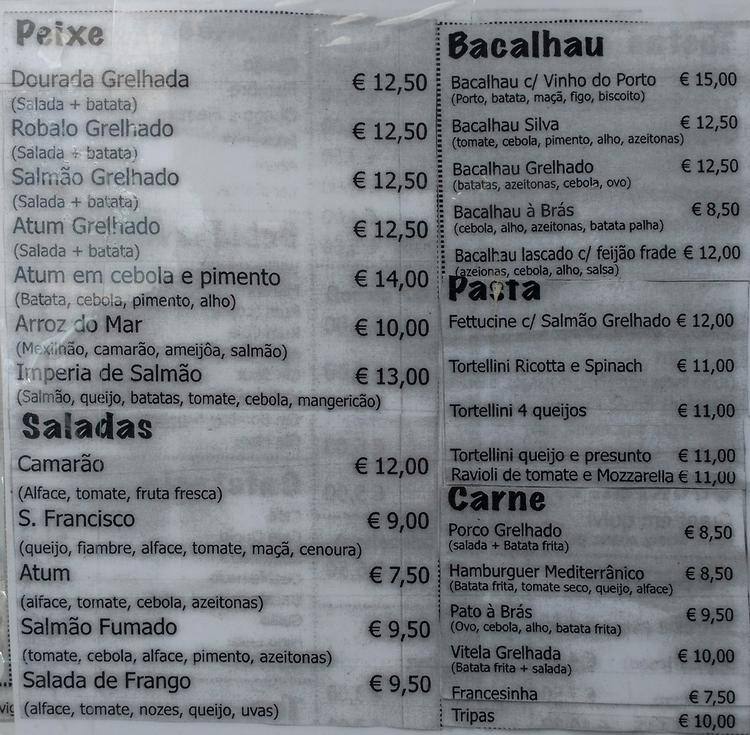 Menu at Silva Bar, Porto