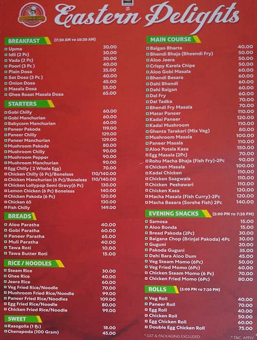Menu at Eastern Delights, Bengaluru