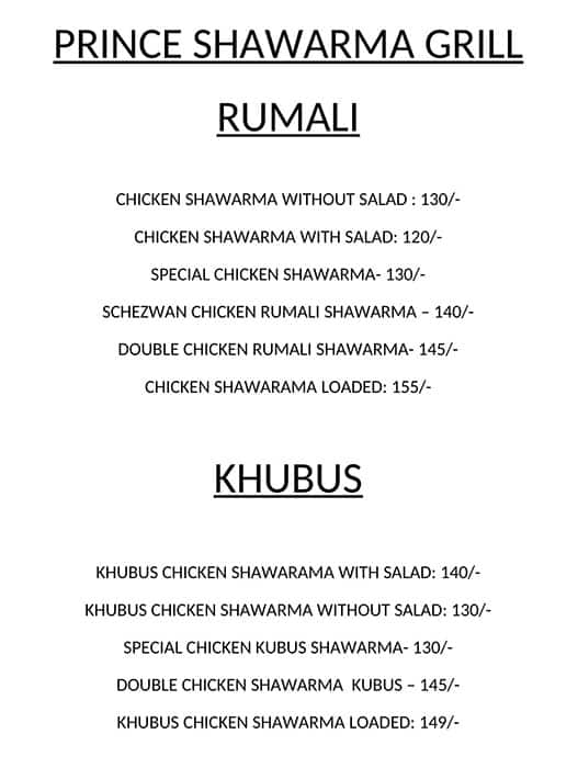 Menu of Prince Shawarma Grill, Kukatpally, Hyderabad