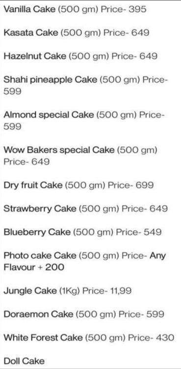 Menu of Wow Bakers, Alambagh, Lucknow