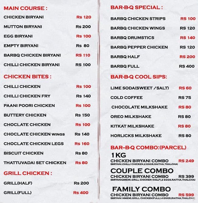 Menu of Bar-B-Q Spot, Shevapet, Salem