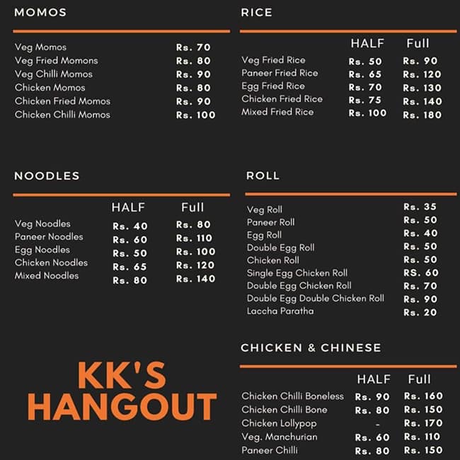 Menu of KK's Hangout, Anisabad, Patna