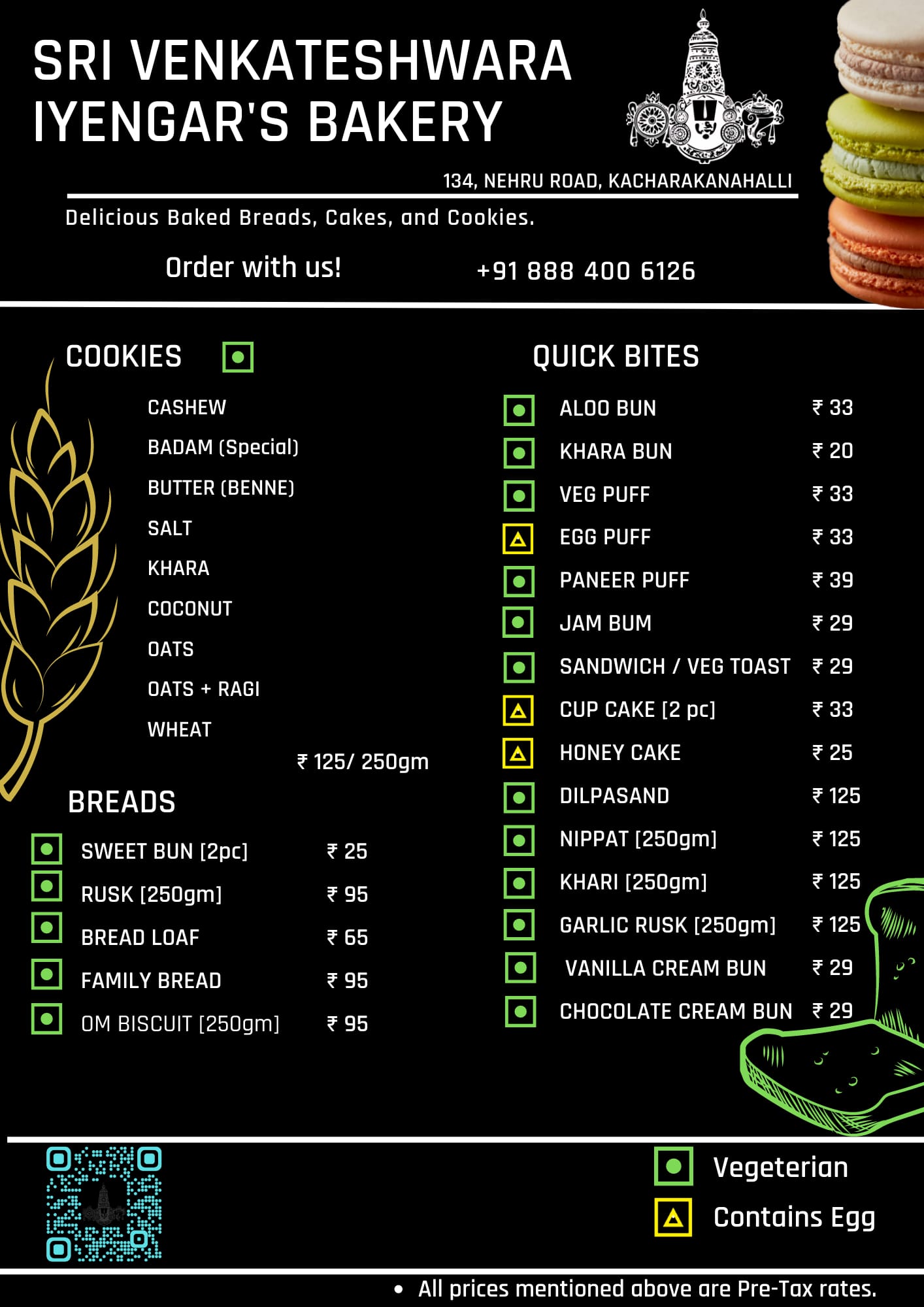 Menu of Sri Venkateshwara Iyengar's Bakery, Kammanahalli, Bangalore