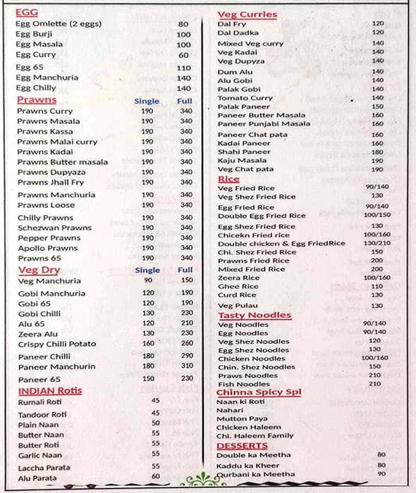 Menu of Chinna Restaurant, Kompally, Hyderabad