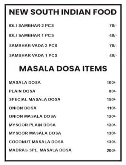 Menu of Madras Dosa Corner, Rohini, New Delhi