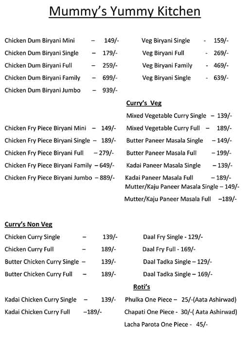 Menu of Mummy's Yummy Kitchen, Lingampally, Hyderabad