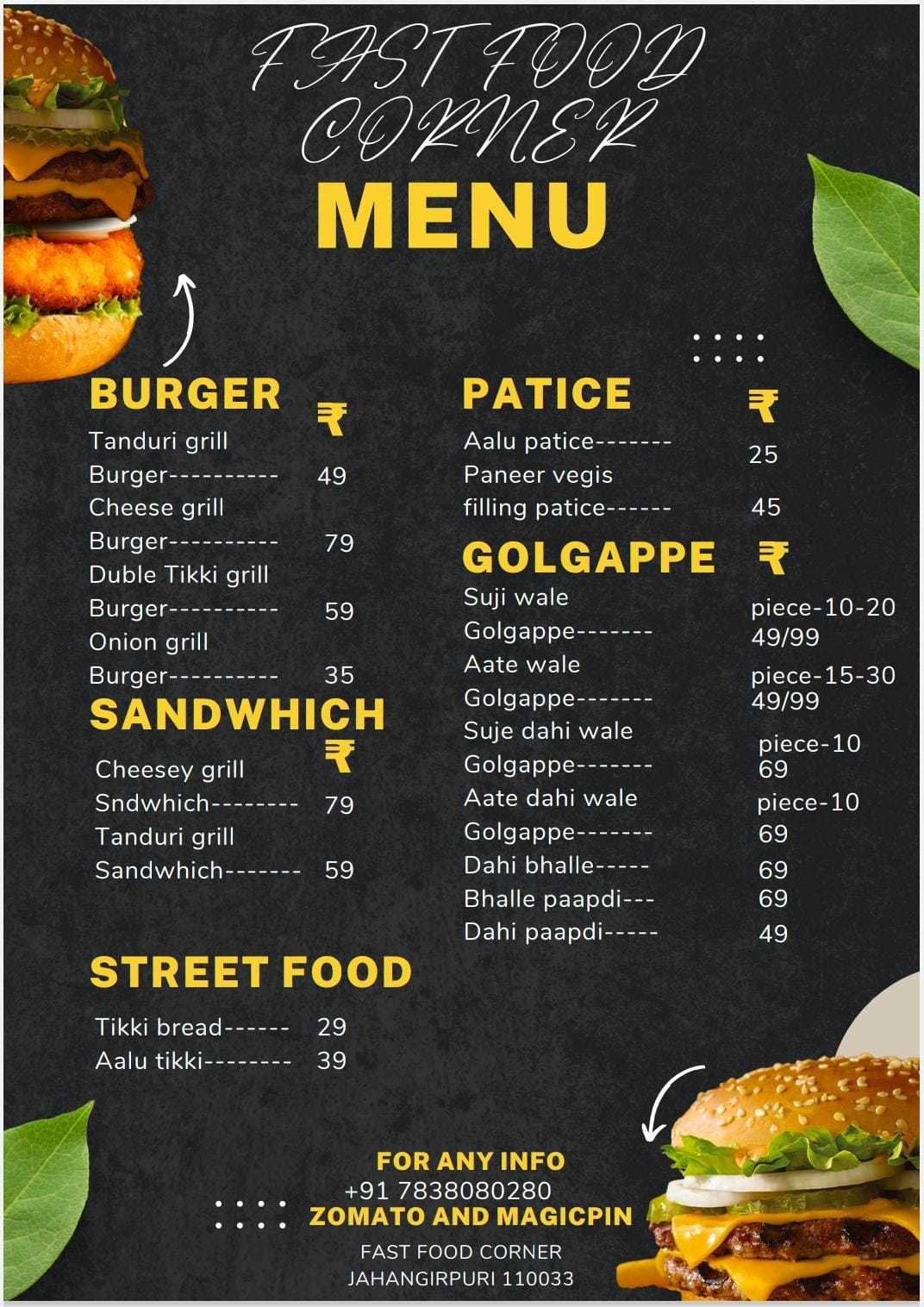 Menu of Fast Food Corner, Jahangirpuri, New Delhi