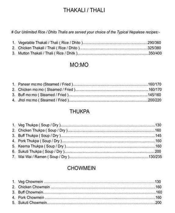 Menu at Ama Thakali, New Delhi