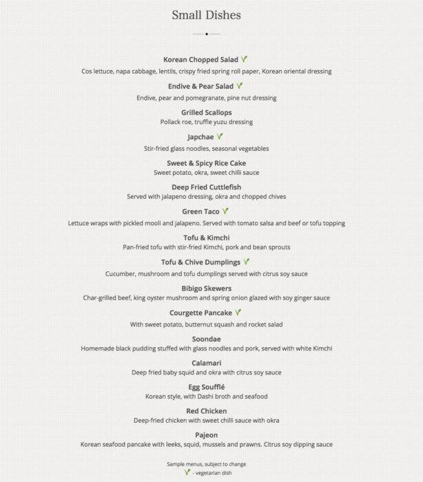Menu at Bibigo BBQ, London, 58-59 Great Marlborough St