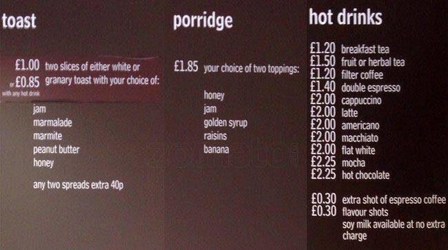 Menu at Bene Bene fast food, London, Cabot Square