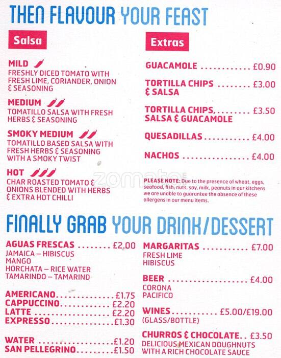 Menu at Tulum Tacos restaurant, London, Thomas More Square