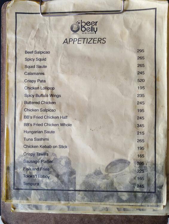 Menu at Beer Belly Bar and Restaurant, Mandaluyong