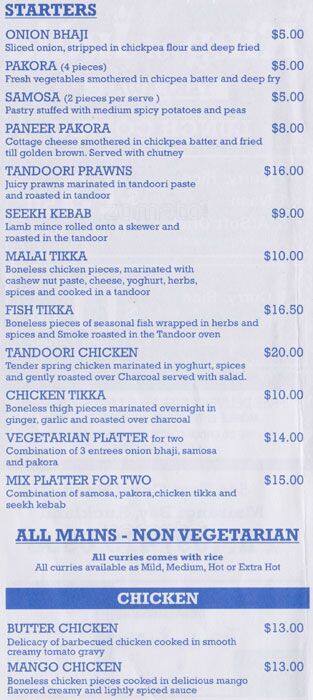 Menu at King of India restaurant, Auckland