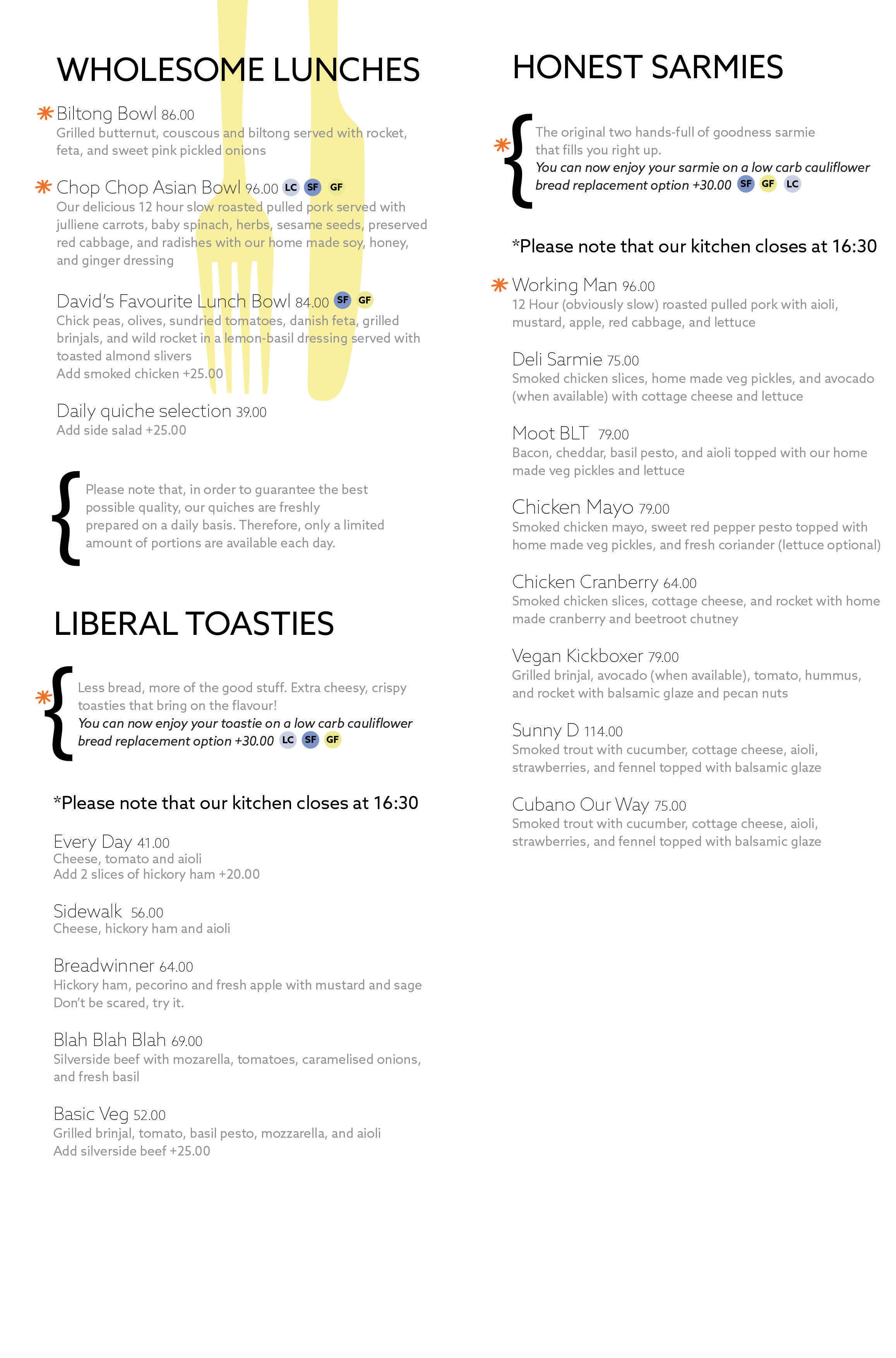 Menu at Grounded cafe, Pretoria