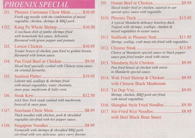 Menu at Phoenix restaurant, Mississauga, Creditview Rd