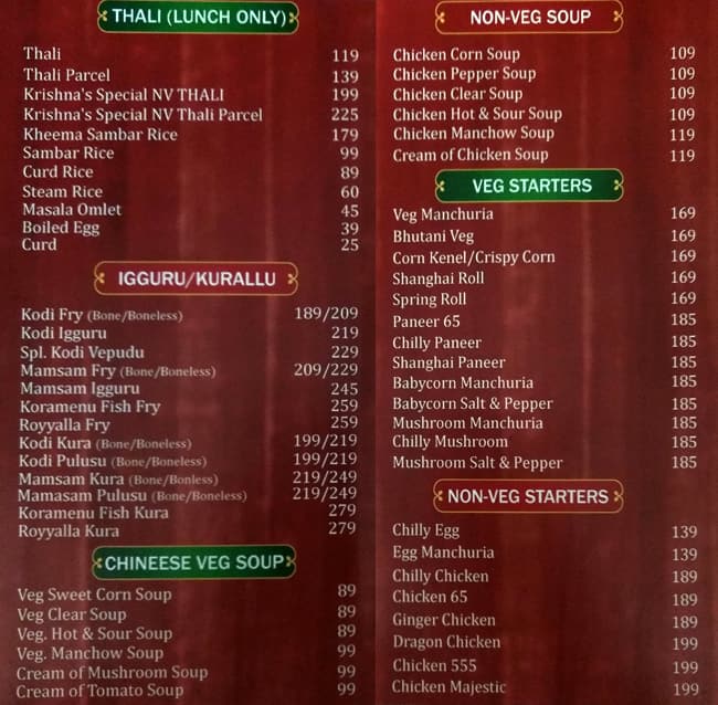 Menu at Krishna's Kitchen, Hyderabad