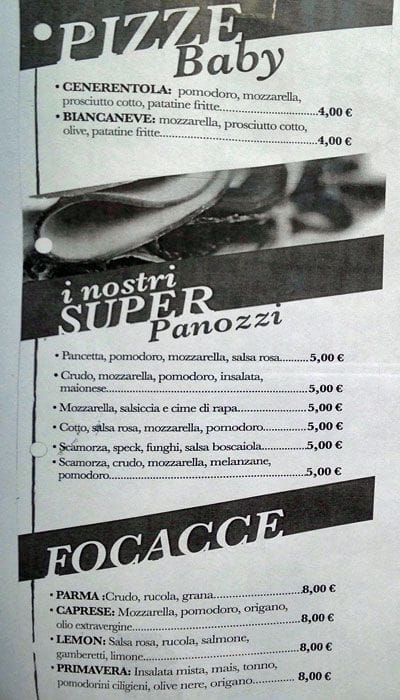 Menu at La Vera Pizza Italiana pizzeria, Milan