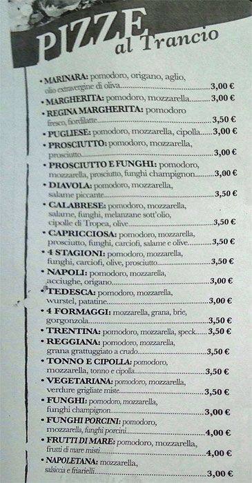 Menu at La Vera Pizza Italiana pizzeria, Milan
