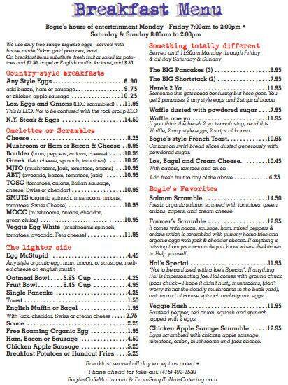 Bogie's Cafe Menu, Menu for Bogie's Cafe, San Rafael, San Rafael ...