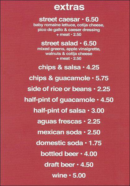 Menu at Street Taco restaurant, San Francisco, Haight St