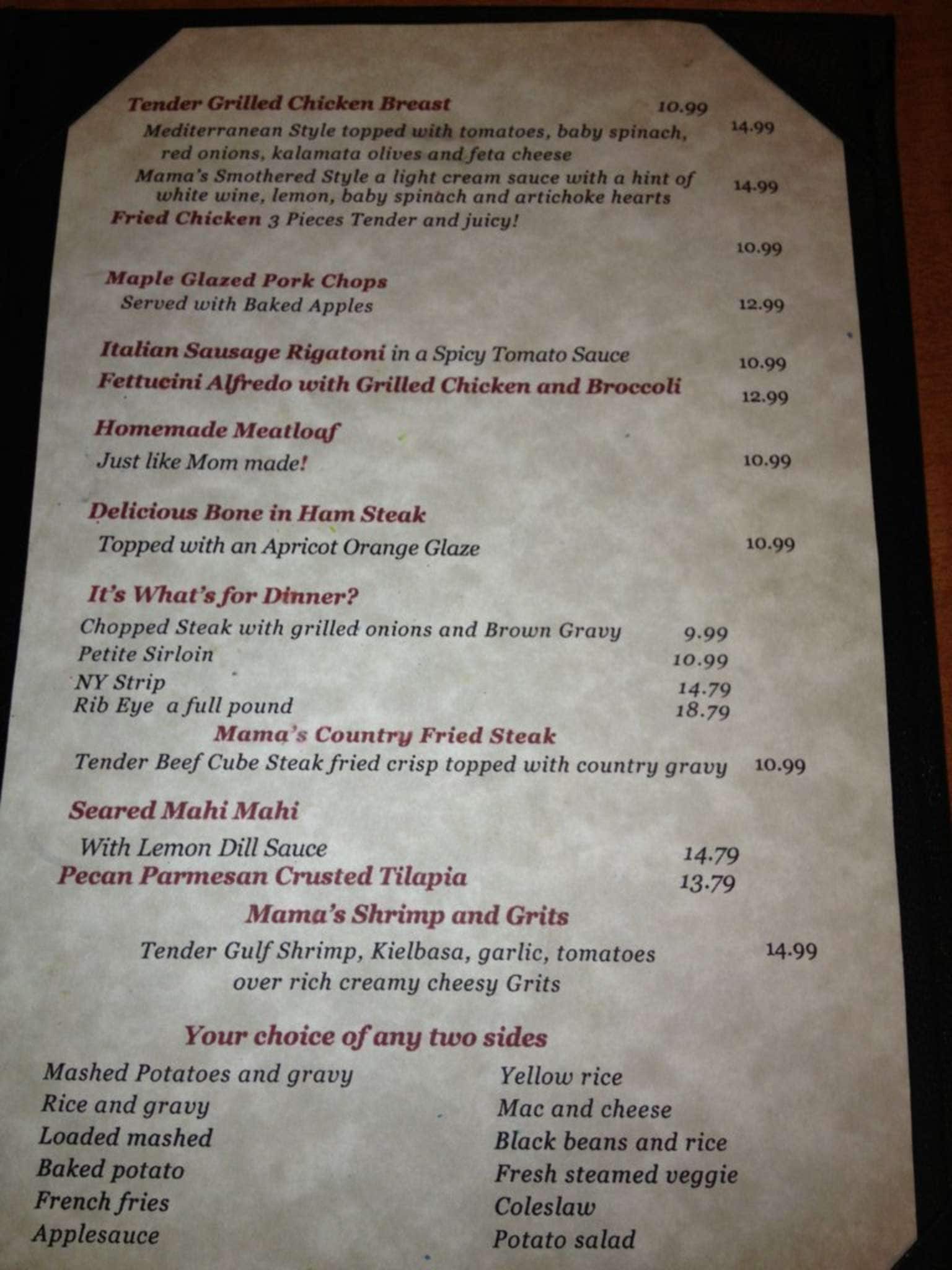 Menu at Sweet Mama's Restaurant, Orlando