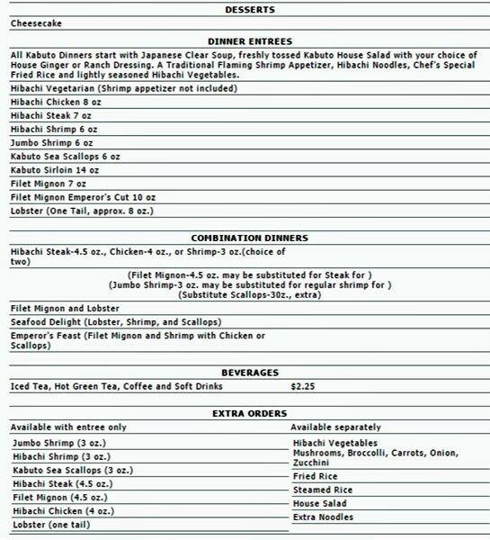 Menu at Kabuto Japanese Steak House restaurant, Charlotte, E W.T ...