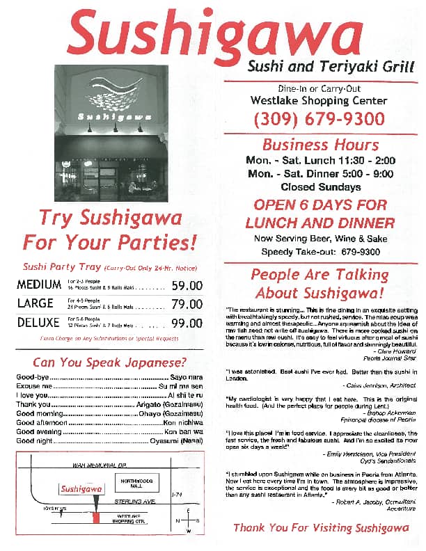 Menu at Sushigawa restaurant, Peoria, West Lake Ave
