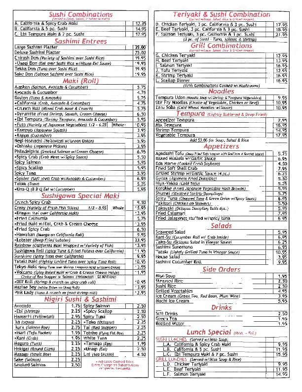 Menu at Sushigawa restaurant, Peoria, West Lake Ave