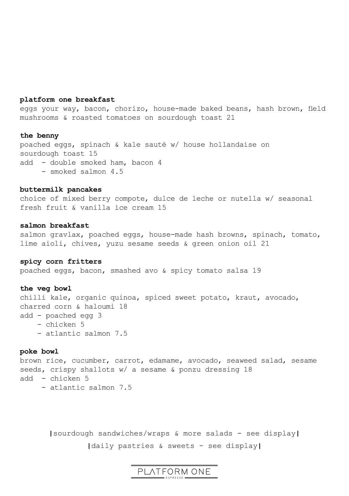 Menu at Platform One cafe, Kogarah