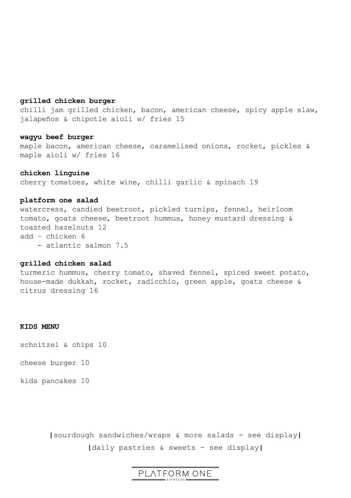 Menu at Platform One cafe, Kogarah