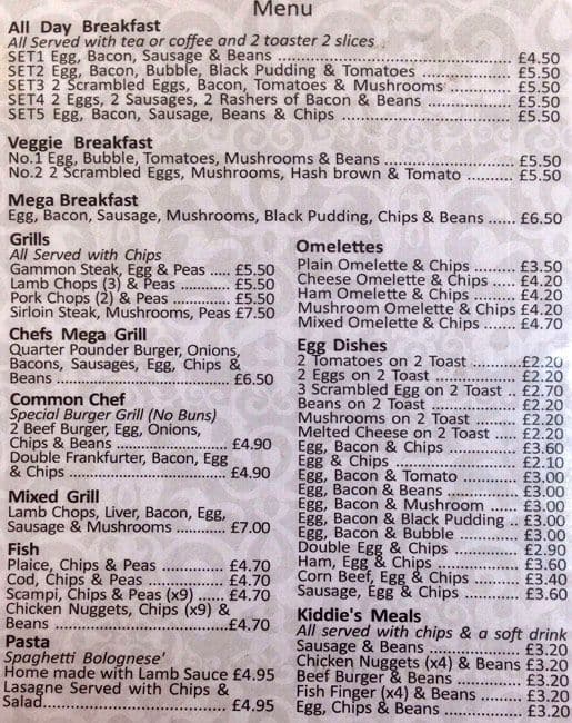 Menu at Common Cafe and Grill Restaurant, London, 13 Greyhound Ln
