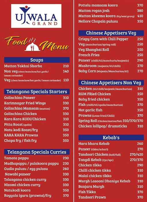 Menu of Ujwala Grand Restaurant, Medchal Road, Hyderabad