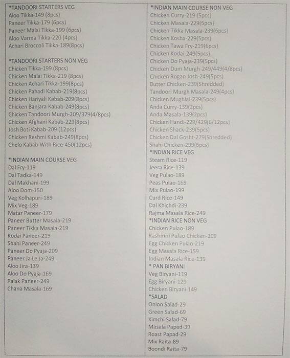 Menu at The Indian Express, Kolkata