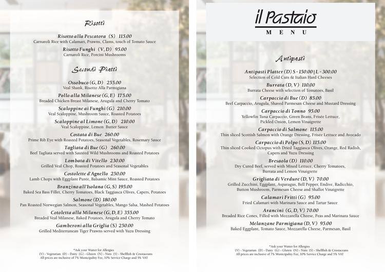Menu of Il Pastaio, Business Bay, Dubai