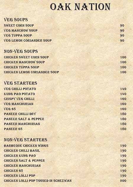 Menu of Oak Nation, Worli, Mumbai