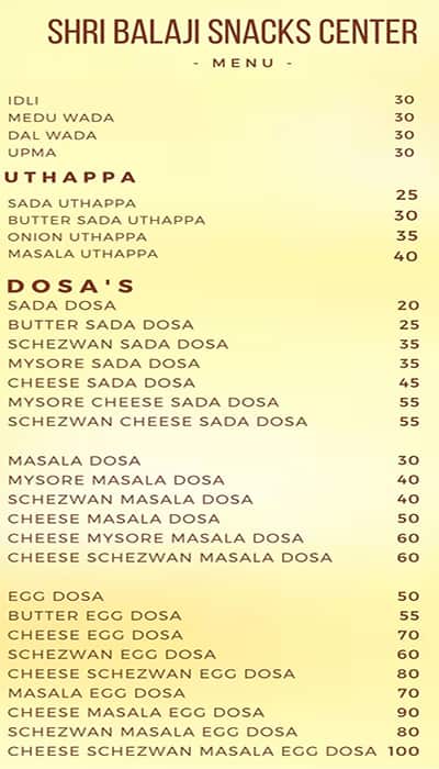 Menu at Shri Balaji snacks center, Mumbai