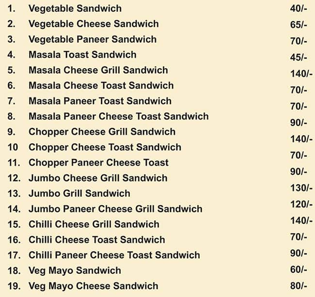 Menu of Kashi Sandwich & Pizza Corner, Goregaon East, Mumbai