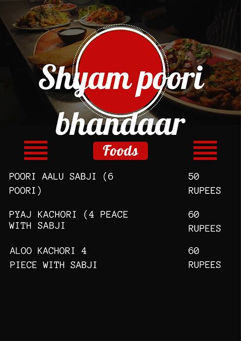 Menu of Shyam Poori Bhandaar, Naraina, New Delhi