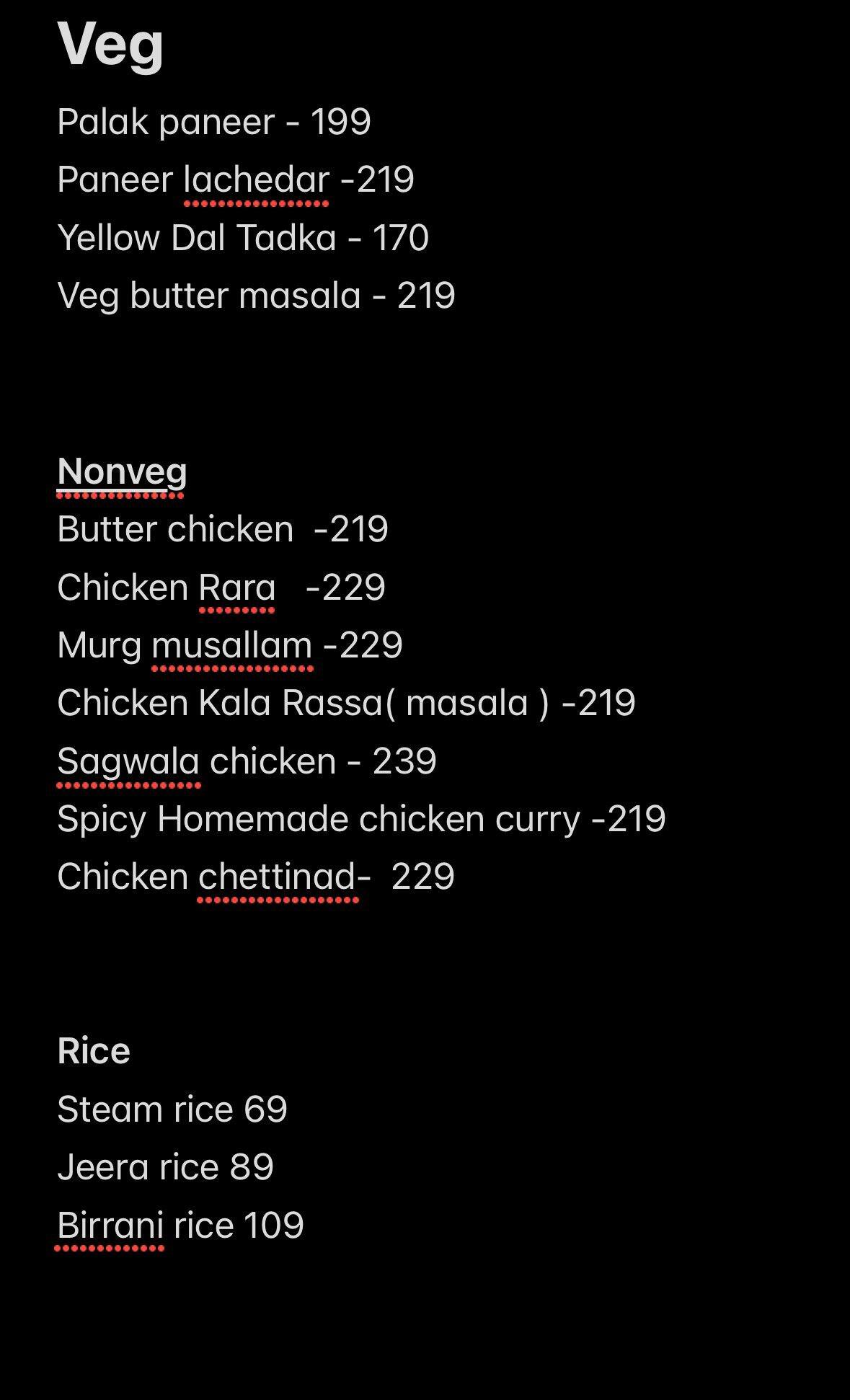 Menu of Kalonji, Mundhwa, Pune