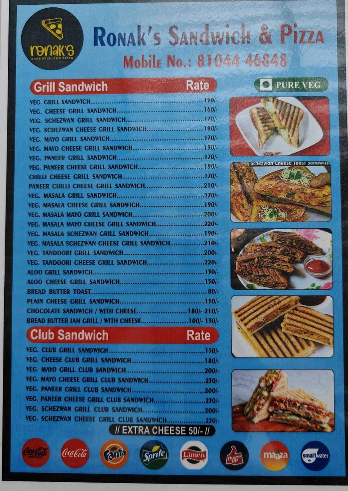 Menu of Ronak's Sandwich and Pizza, Bandstand, Bandra West, Mumbai